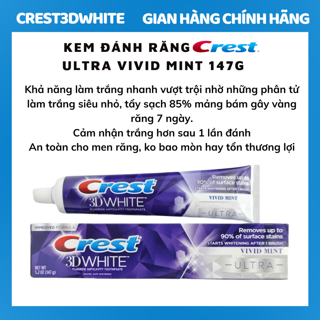 Kem Đánh Răng Crest 3D White Vivid Mint Ultra 147G cho răng nhạy cảm | Shopee Việt Nam