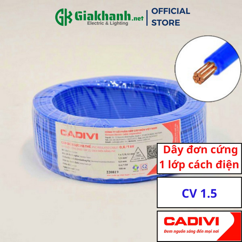 Dây Điện Đơn 1 Lõi, 1 Lớp Cách Điện Cadivi CV 1.5 – 0,6/1kV | Shopee Việt Nam