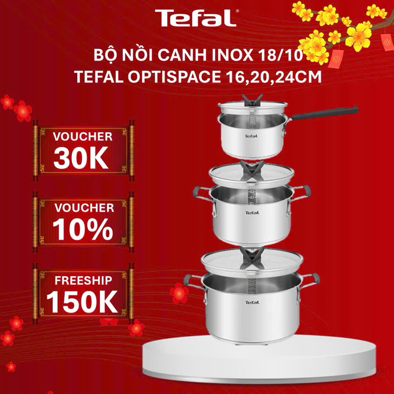 Bộ nồi inox cao cấp Tefal Optispace 16,20,24cm, inox 18/10 | Shopee Việt Nam