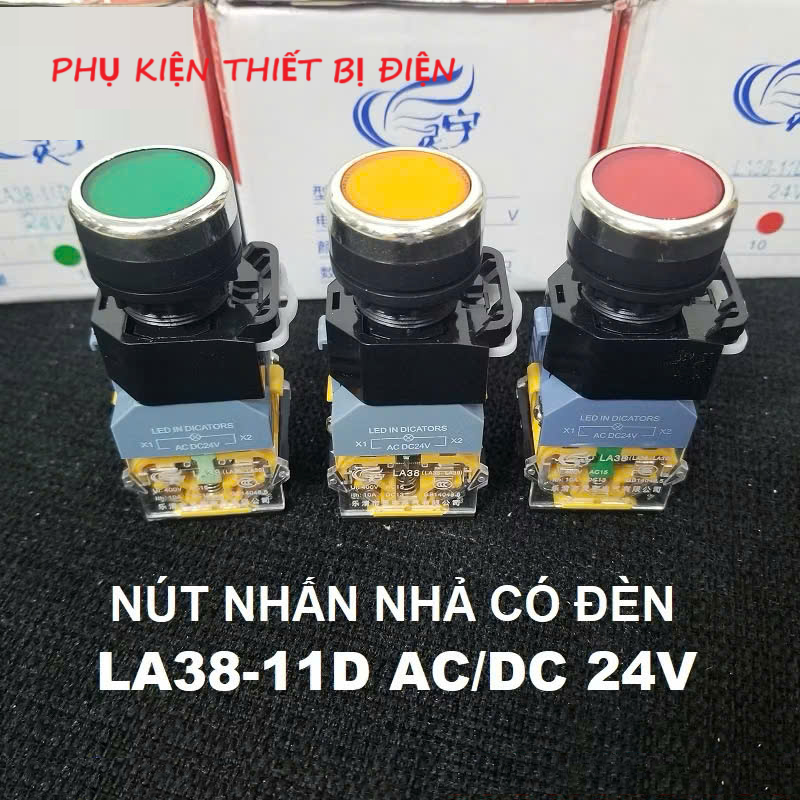 Nút nhấn, nút ấn, nút đề có đèn AC/DC 24V phi 22mm LA38-11D nhả, LA38-11DS giữ ( Đỏ, Vàng, Xanh ...