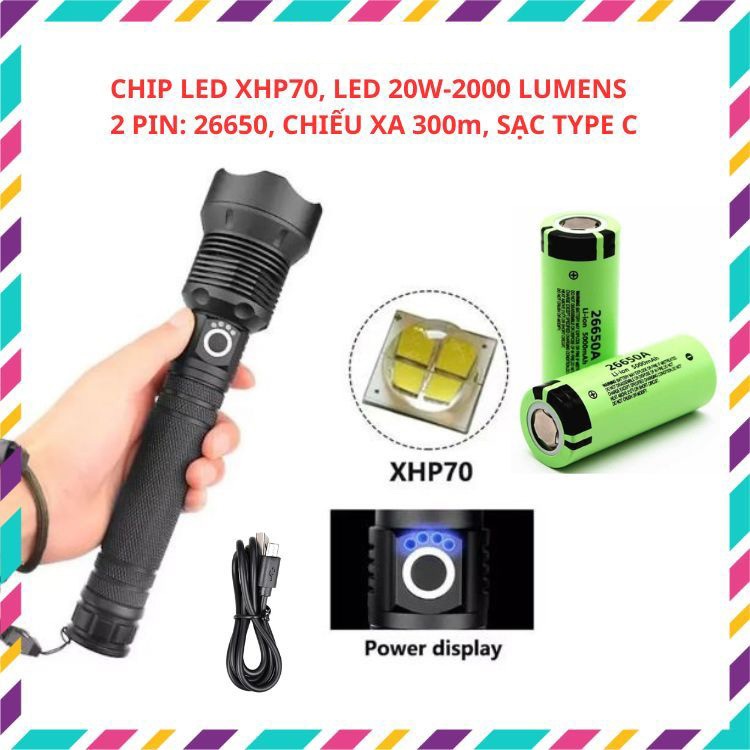 Đèn Pin Siêu Sáng Dùng Chip Led XHP70 Dùng 2 Pin 26650 Dung Lượng Cao ...