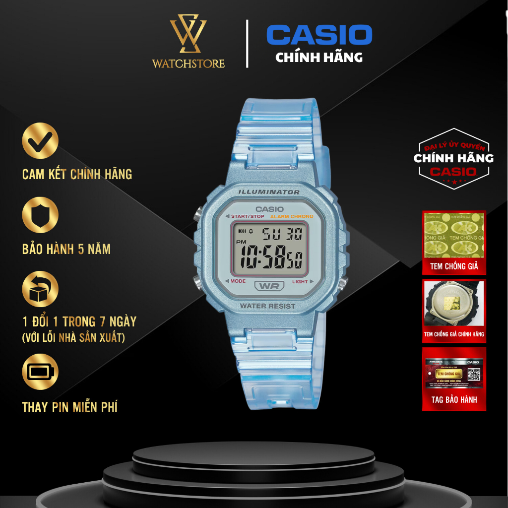 Đồng Hồ Điện Tử Casio Unisex LA-20WHS-2ADF Dây Nhựa Trong Suốt Màu Xanh Mặt Kính Nhựa 30.4mm ...