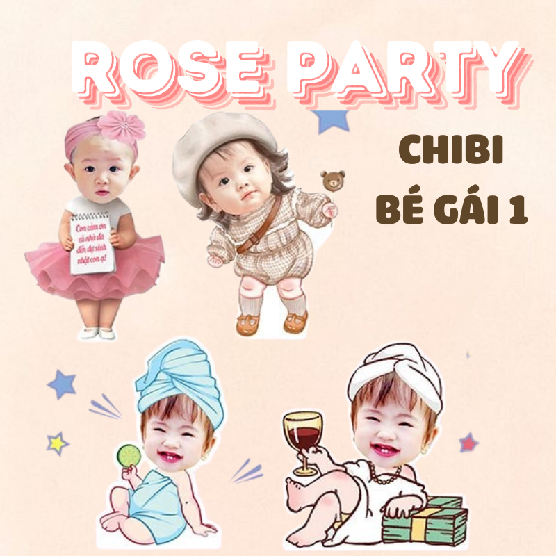 Chibi sinh nhật bé gái Rose Party có kèm chân đứng, phụ kiện trang trí ...