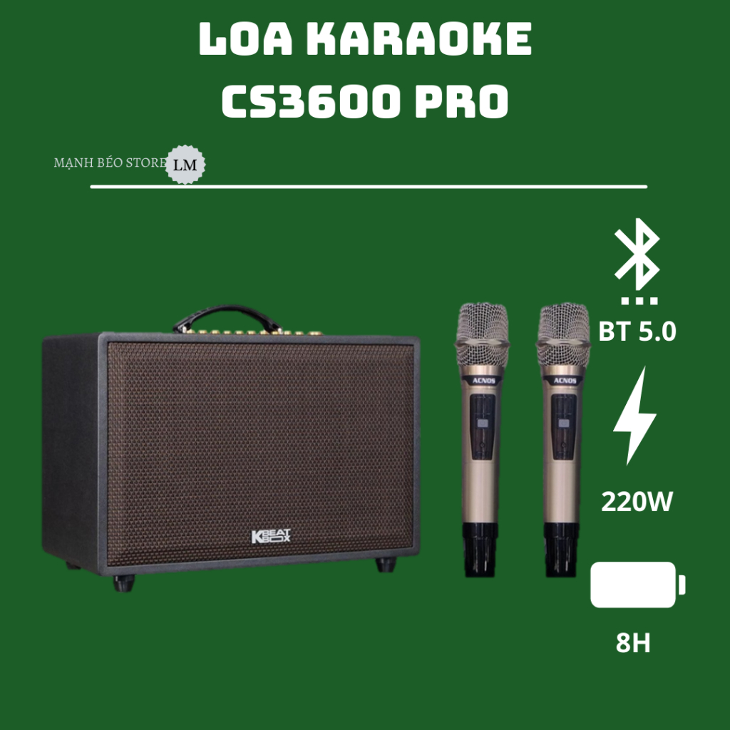 Dàn karaoke di động Acnos Cs3600 Pro (bass 25cm) - 220w, kèm 2 micro chống hú - Bảo hành chính ...