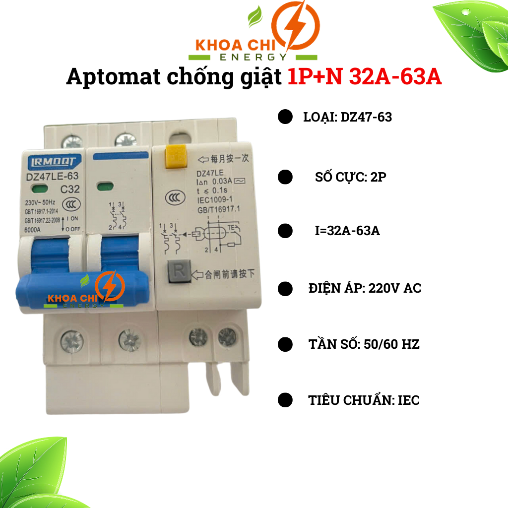 Aptomat Chống giật - attomat chống giật Chống rò IRMOQT 1P+N , 2P 16A~63A (Hàng chính hãng)_KC ...