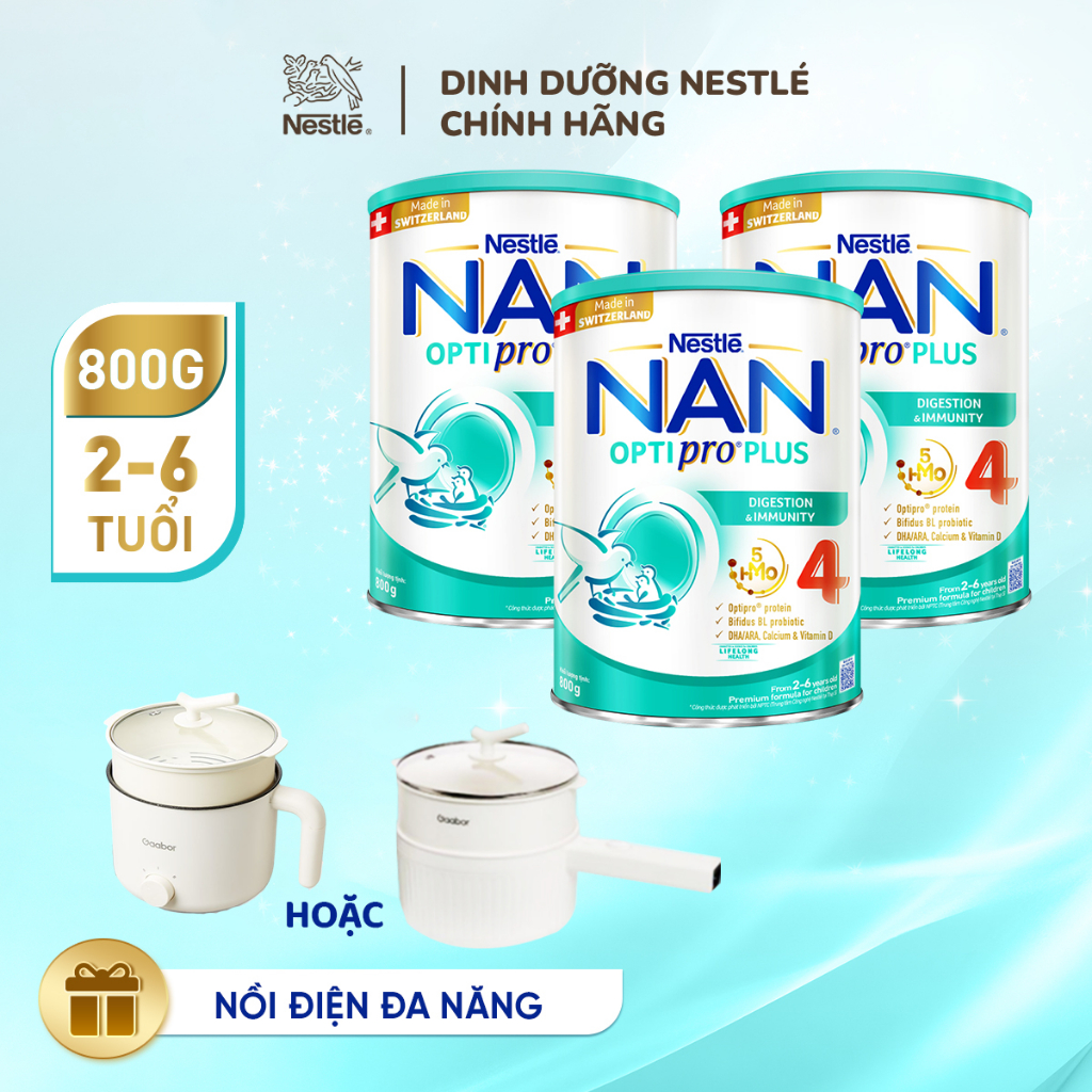 [Tặng Nồi điện đa năng ] Bộ 3 lon Sữa bột Nestlé NAN OPTIPRO PLUS 4 800g/lon với 5HMO Giúp tiêu ...
