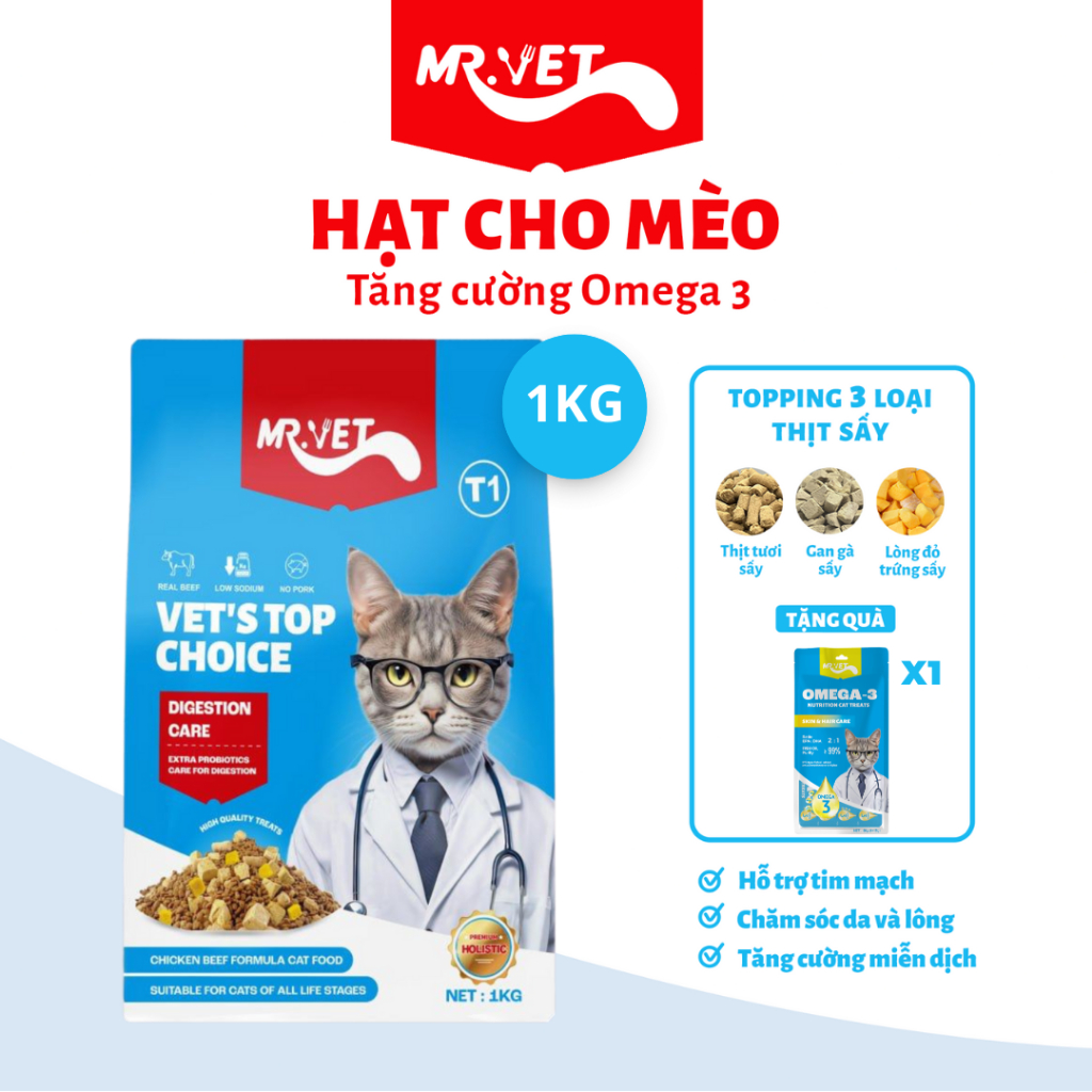 Thức ăn cho mèo MRVET T2 1KG công thức từ gà và cá hồi, bổ sung omega 3 cho da và áo khoác khỏe ...