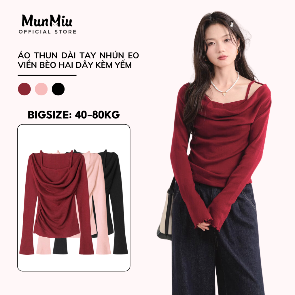 Áo thun nữ Bigsize MunMiu dài tay chất liệu thun giấy nhún eo viền bèo ...