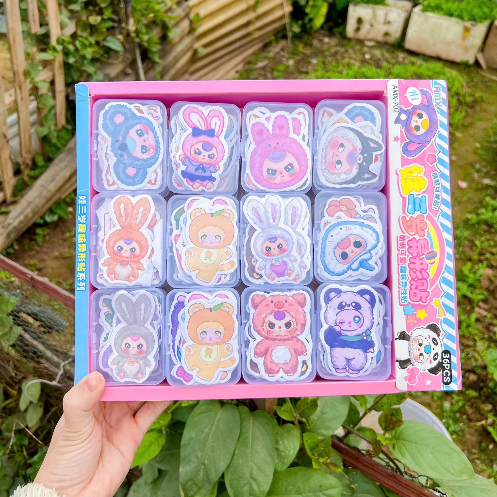Set 10 hộp nhựa mini sticker BABY THREE, mỗi hộp 14 hình dán baby three ...