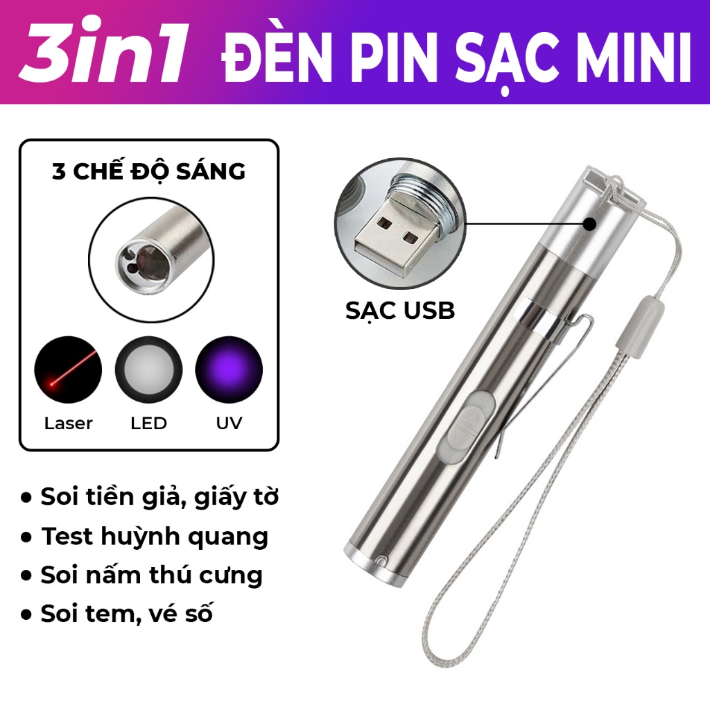 Đèn Pin Mini Siêu Sáng 3 Chế Độ Sáng Pin Sạc USB ( Đèn UV Led Laser Soi ...