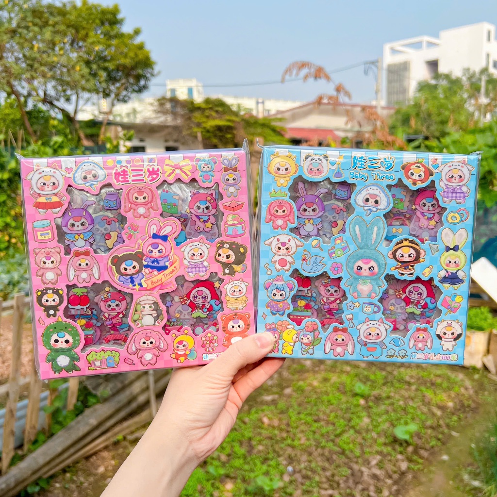 Hộp 100 tấm sticker BABY THREE trang trí bìa sổ, bìa sách , nhãn dán ...