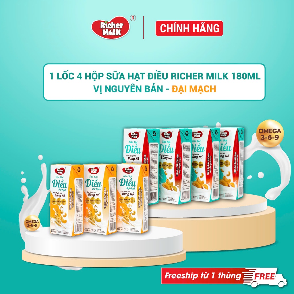 Lốc Sữa Hạt Điều Richer Milk 180ml 2 Vị Nguyên Bản Đại Mạch | Shopee ...