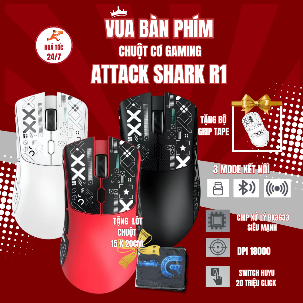 Chuột máy tính không dây gaming Attack Shark R1 bluetooth, siêu nhẹ ...