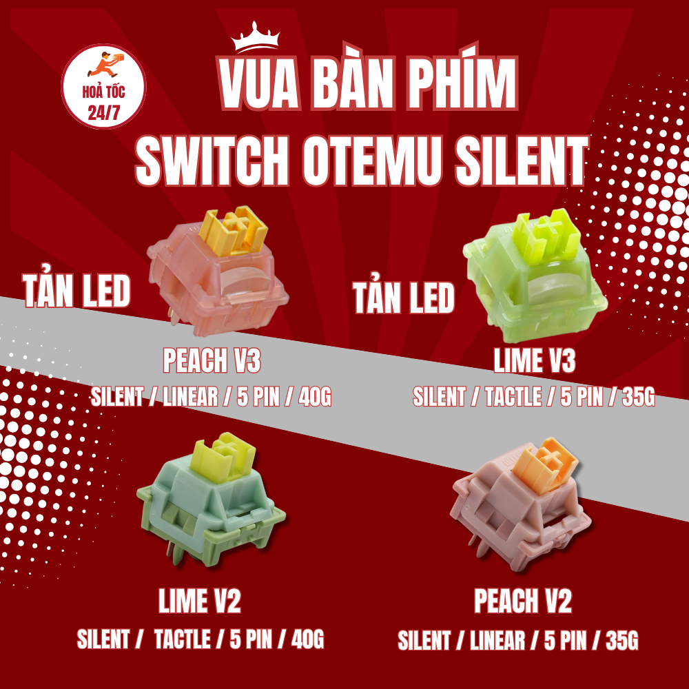 Switch outemu silent peach v2 linear / lime v2 tactile 5pin , không ồn siêu yên tĩnh, giá rẻ ...