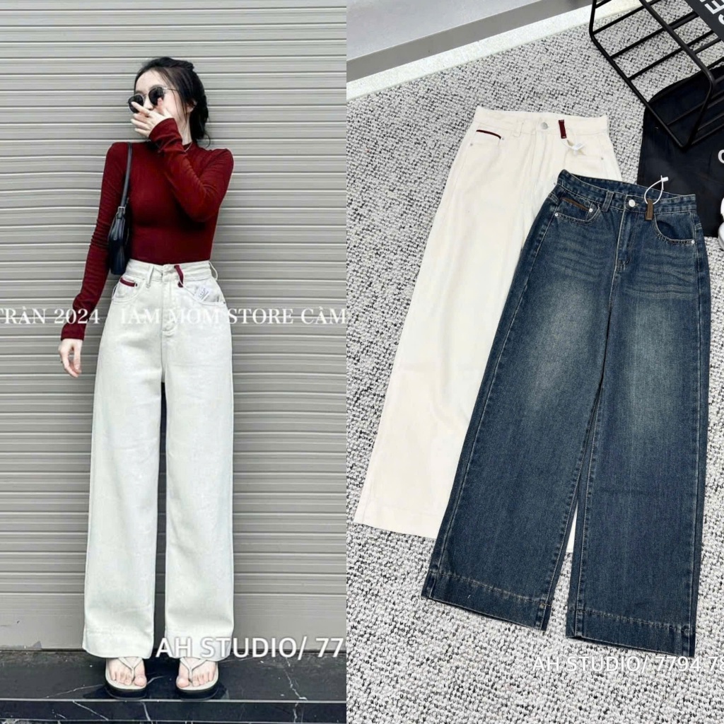 METWO. - Quần jeans suông dài gấu to phối tag nâu dáng vừa ống rộng cạp ...