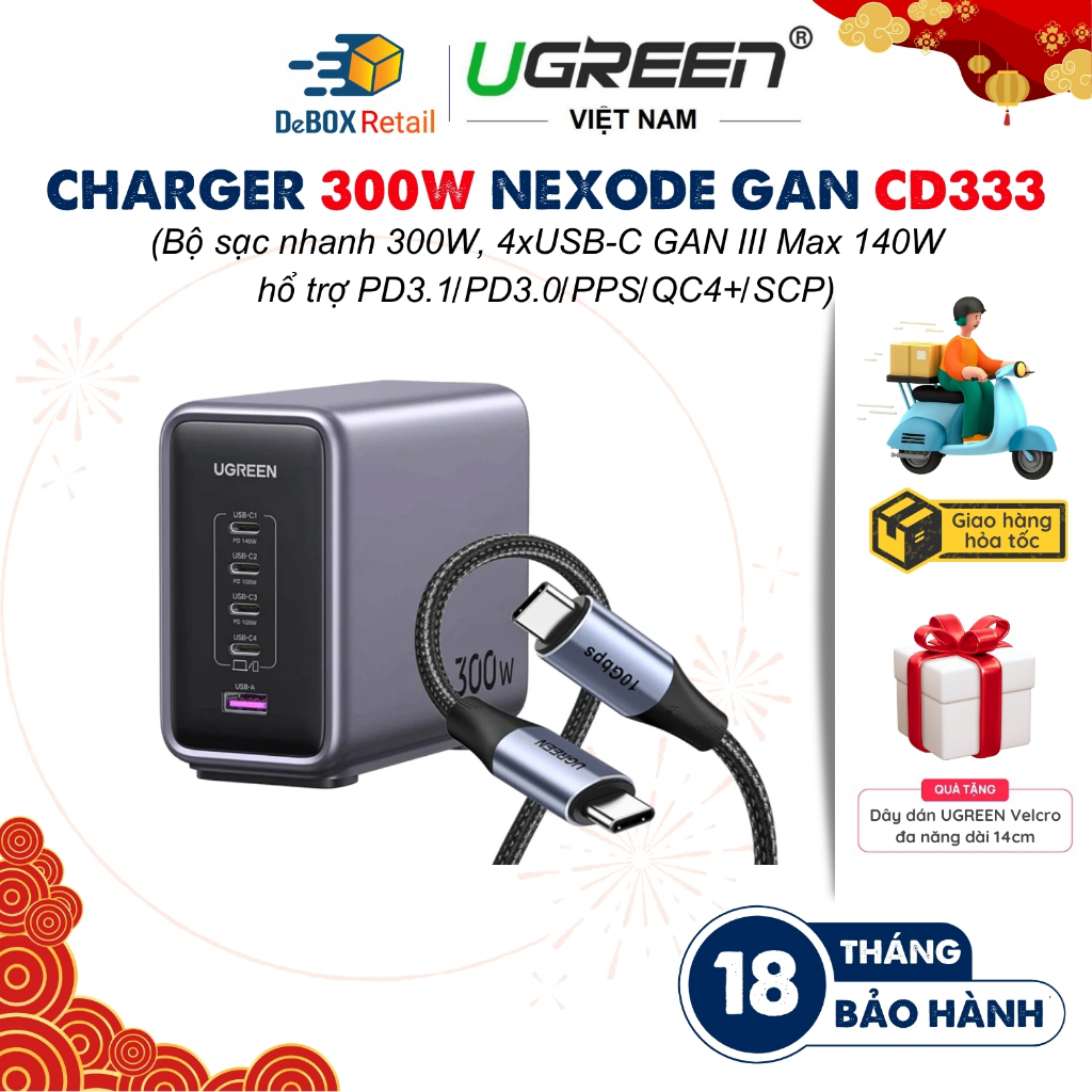 Bộ sạc nhanh UGREEN Nexode 300W CD333 Charger 5 Port USB-C GAN III 140W PD3.1/PD3.0/PPS/QC4+/SCP ...