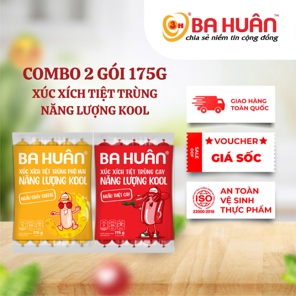 Combo 2 gói Xúc xích tiệt trùng KOOL Ba Huân gói 175g - Vị cay và phô mai - Gói 175g - 5 cây 35g ...