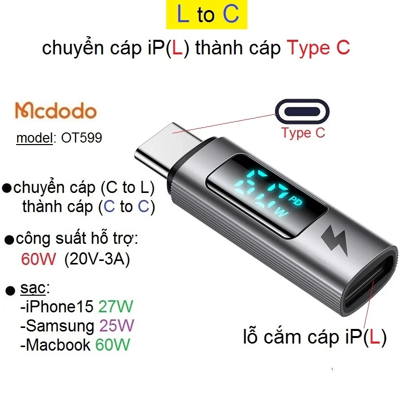 Đầu chuyển đổi Lighting (cái) sang Type C (đực) Mcdodo OT599 sạc nhanh PD 60W | Shopee Việt Nam