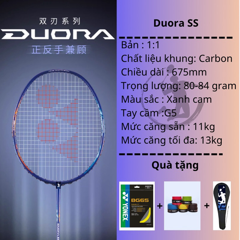Vợt cầu lông khung Carbon Duora SS LCW căng sẵn 11-12kg, tặng kèm quấn ...