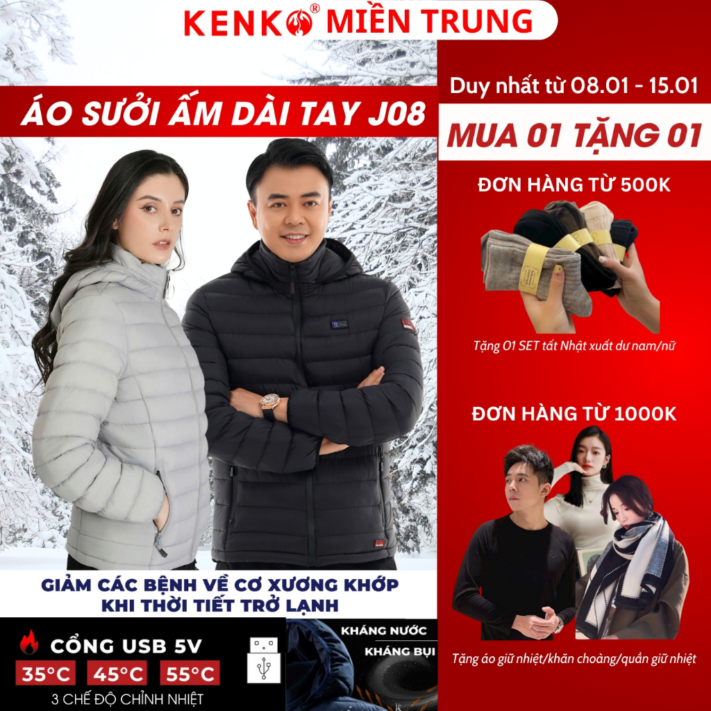 Áo sưởi KENKO dài tay J08 kèm pin 10.000mAh, có lớp nano bạc chống khô da, form ôm sát cơ thể ...
