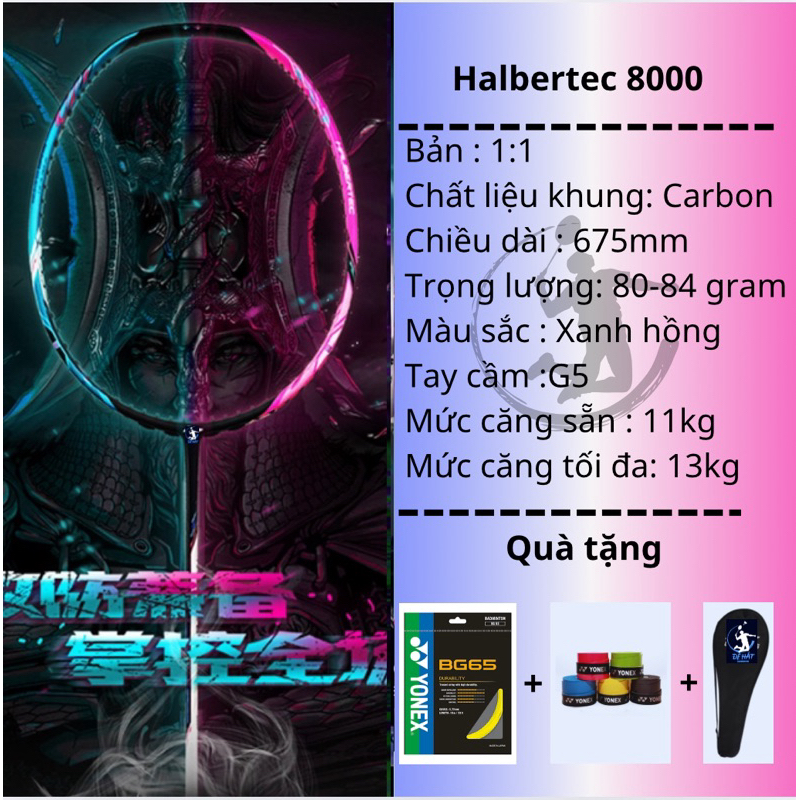 Vợt cầu lông Halbertec 8000 khung Carbon căng sẵn 11-12kg, tặng kèm quấn cán + bao vợt và in ...