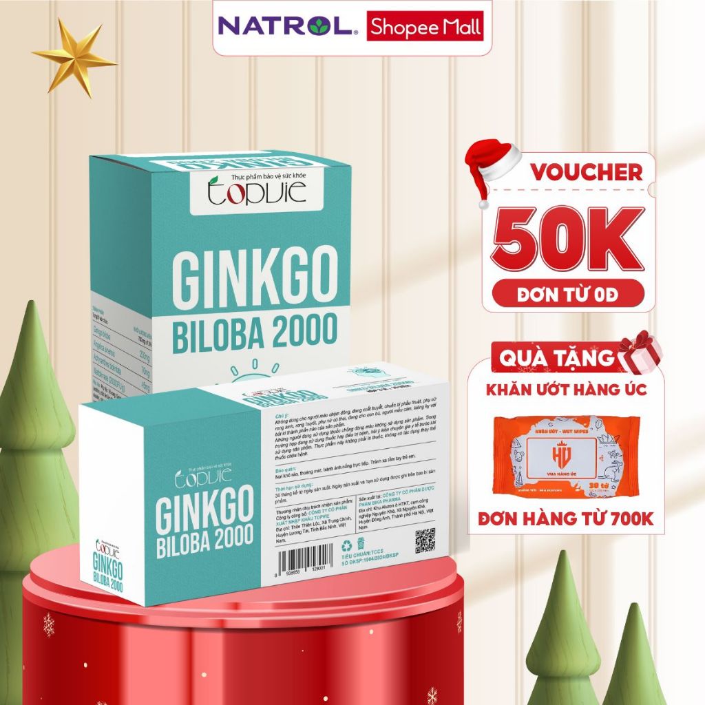 Viên uống bổ não Topvie Ginkgo Biloba 2000 hộp 30 viên tuần hoàn lưu ...
