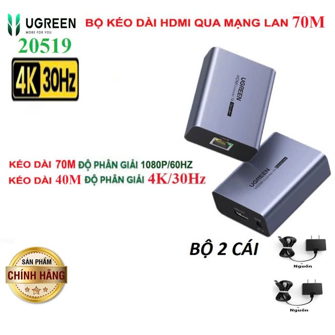 Bộ kéo dài HDMI 4K qua dây mạng Cat5/Cat6 70Met Ugreen 20519 CM445 (Bộ ...