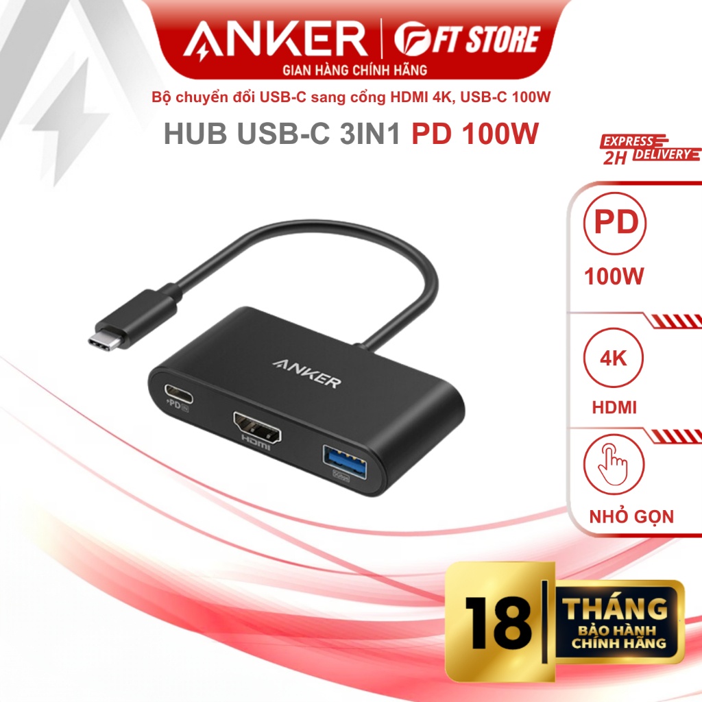 Bộ Chia Cổng 3-in-1 Anker - A8339 Usb-C Hub PD 100W, HDMI, Sạc nhanh, Chuyển đổi video 4K, nhỏ ...
