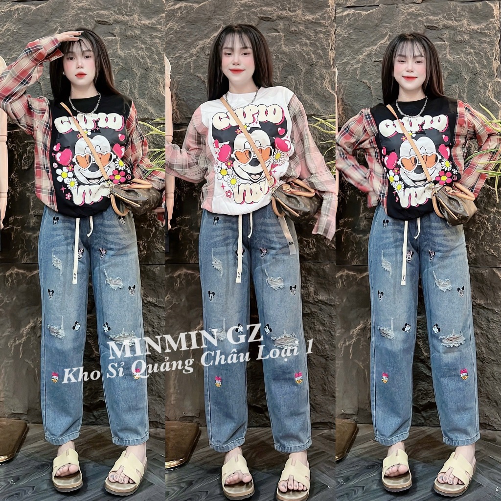 Set Bộ JEAN BAGGY MICKEY TAY DÀI Hàng Quảng Châu cao cấp chuẩn Loại 1 ...