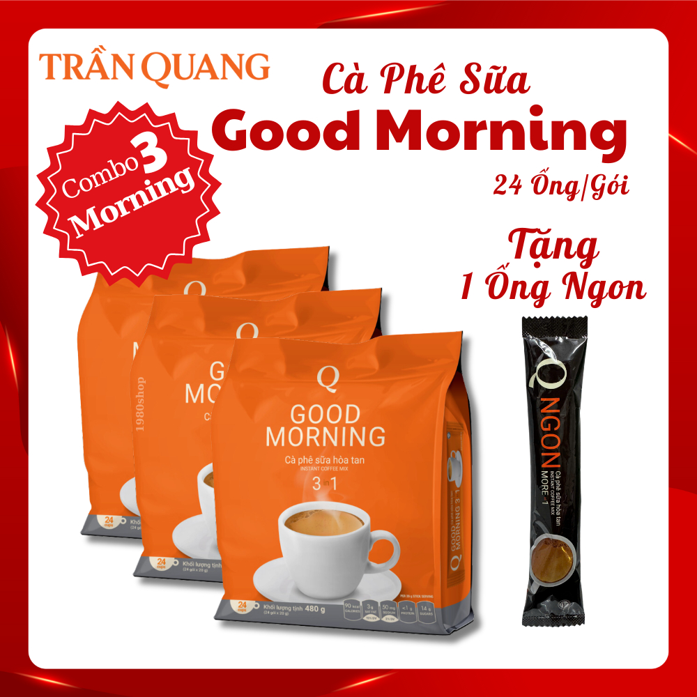 [Tặng 1 ống Ngon] 3 Gói Cà phê Good Morning Trần Quang 480g cafe mix 3in1 (Gói 24 ống*20g ...