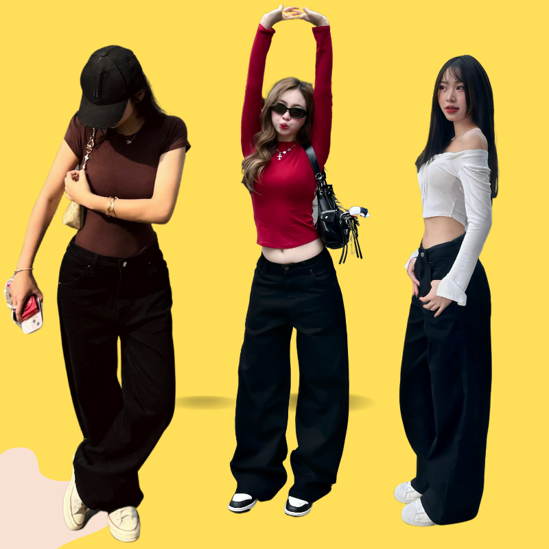 Quần ống rộng jean nữ cạp trễ màu đen Gauni Denim, quần bò nữ dài basic ...