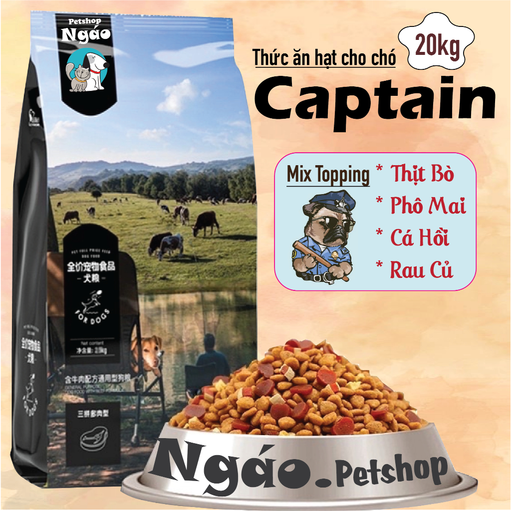 [ 20kg ] Thức ăn hạt cho chó Captain mix Topping thịt bò, phô mai, cá ...