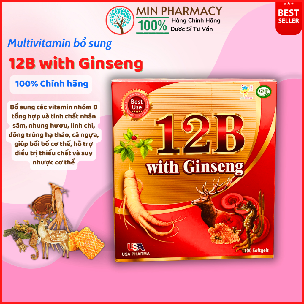 Viên uống Vitamin 12B GINSENG USA Pharma Tăng sức đề kháng, bồi bổ cơ ...