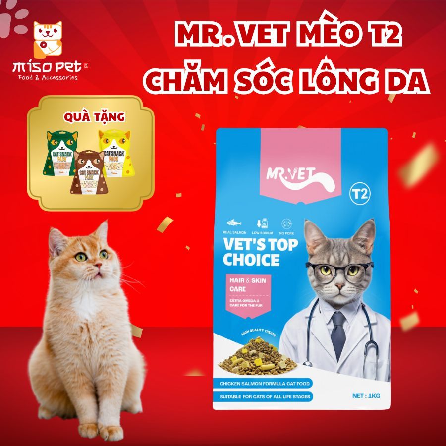 Thức Ăn Hạt Cho Mèo MRVET Gói 1KG Thế Hệ T2 Mới Tăng Cường Omega 3, Giúp Mèo Mượt Lông, Giảm ...