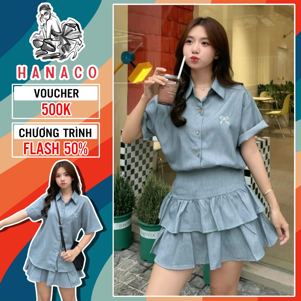 Set áo sơ mi thêu nơ nhỏ kèm chân váy 2 tầng năng động HANACO - V131 ...