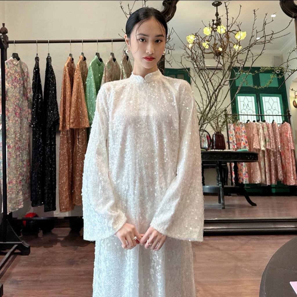 Áo Dài Kim Sa Trắng Suông - Kim Sa Dọc | Shopee Việt Nam