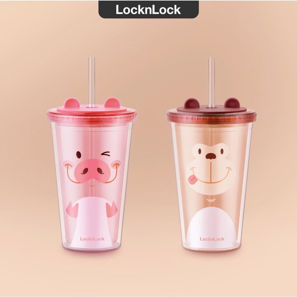 Ly nhựa 2 lớp LocknLock Animal Double Wall Cold Cup HAP511 HAP512 dung tích 520ml, kèm ống hút ...