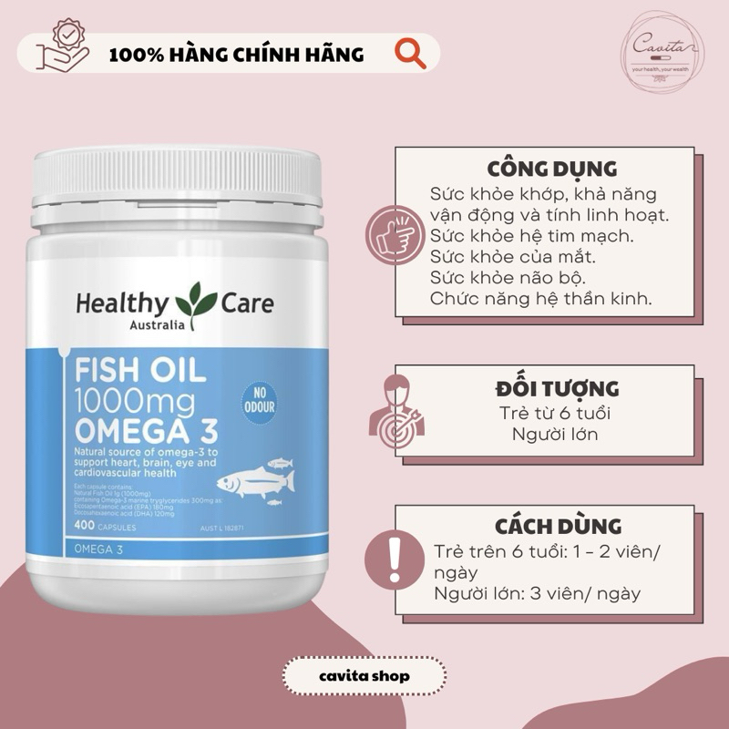Dầu cá đã khử mùi 400 viên Healthy care Fish Oil 1000mg Omega 3 | Shopee Việt Nam