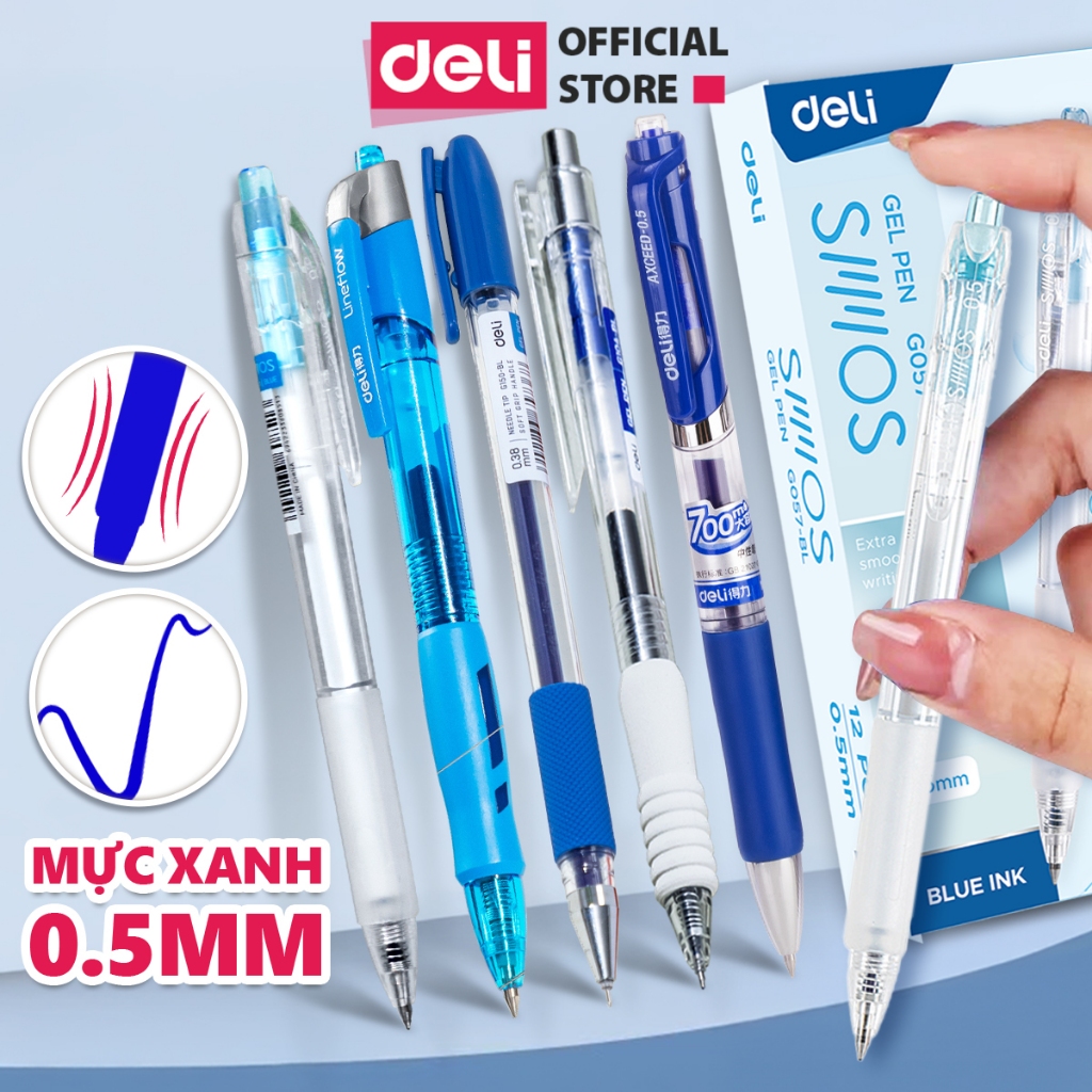 [VC LIVE 25K]Bút bi gel nước mực xanh ngòi 0.5mm EG057, A575, S08 đầu bấm trơn tru viết sổ ...