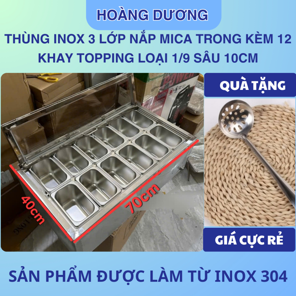 Thùng inox 3 lớp có nắp mica trong và 12 khay inox topping loại 1/9 ...