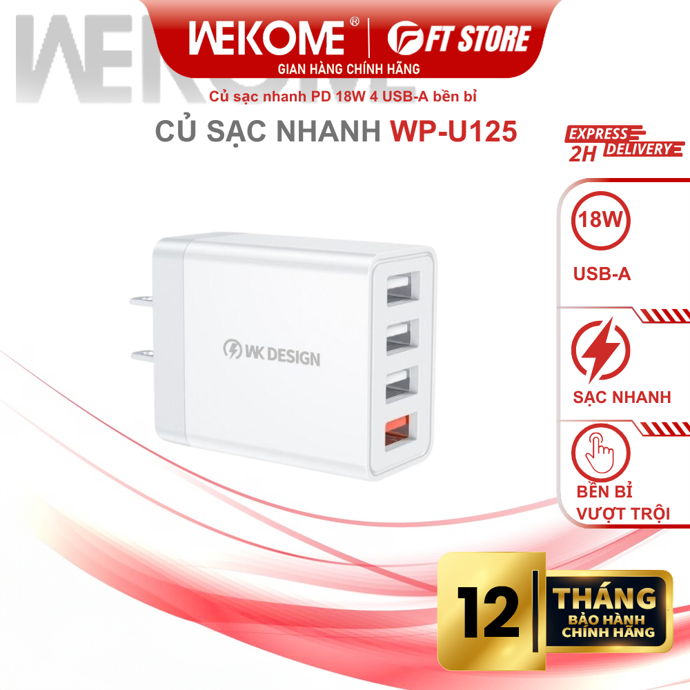 Củ sạc nhanh WP-U125 Upine Series 4U, 18W, QC3.0, 4 cổng USB, sạc cùng ...