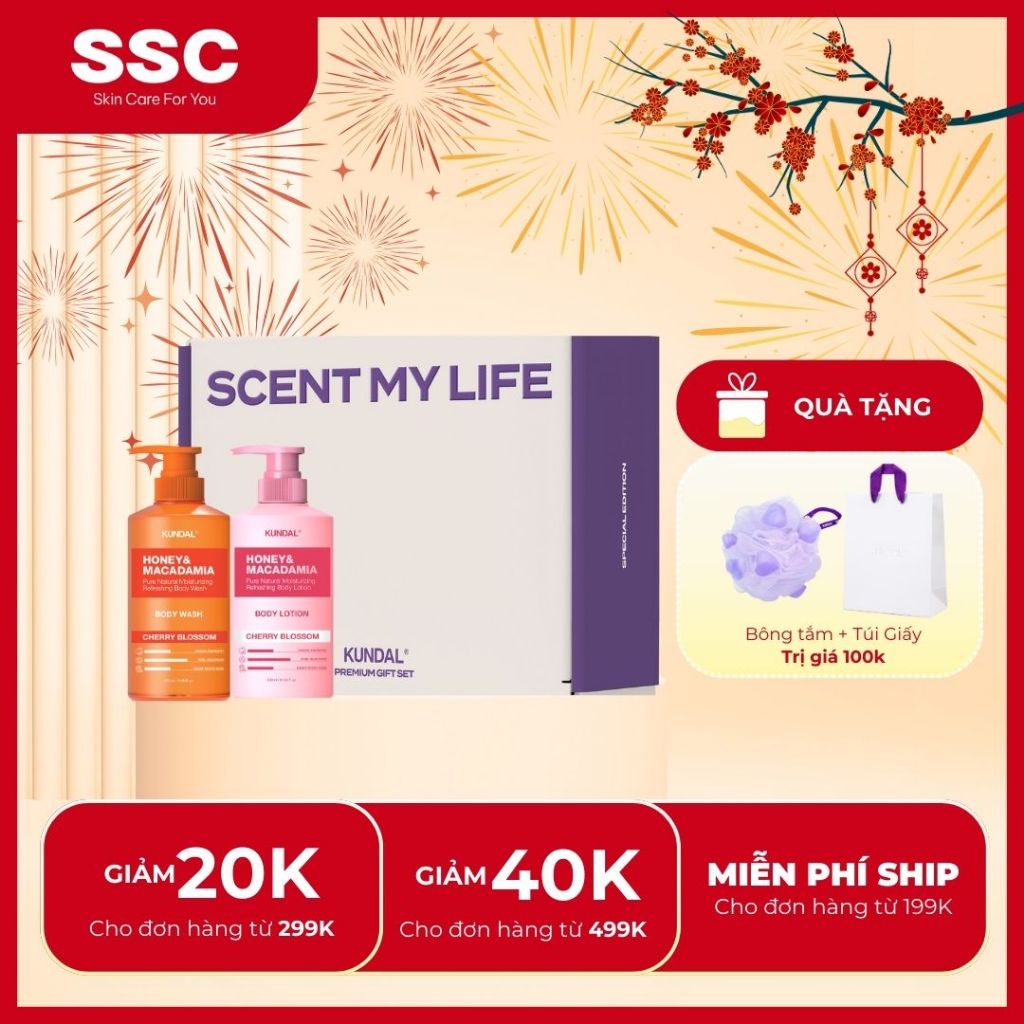 Set quà tặng đặc biệt Sữa tắm + Sữa dưỡng thể Kundal Honey & Macadamia ( 500ml*2ea ) (tặng bông ...