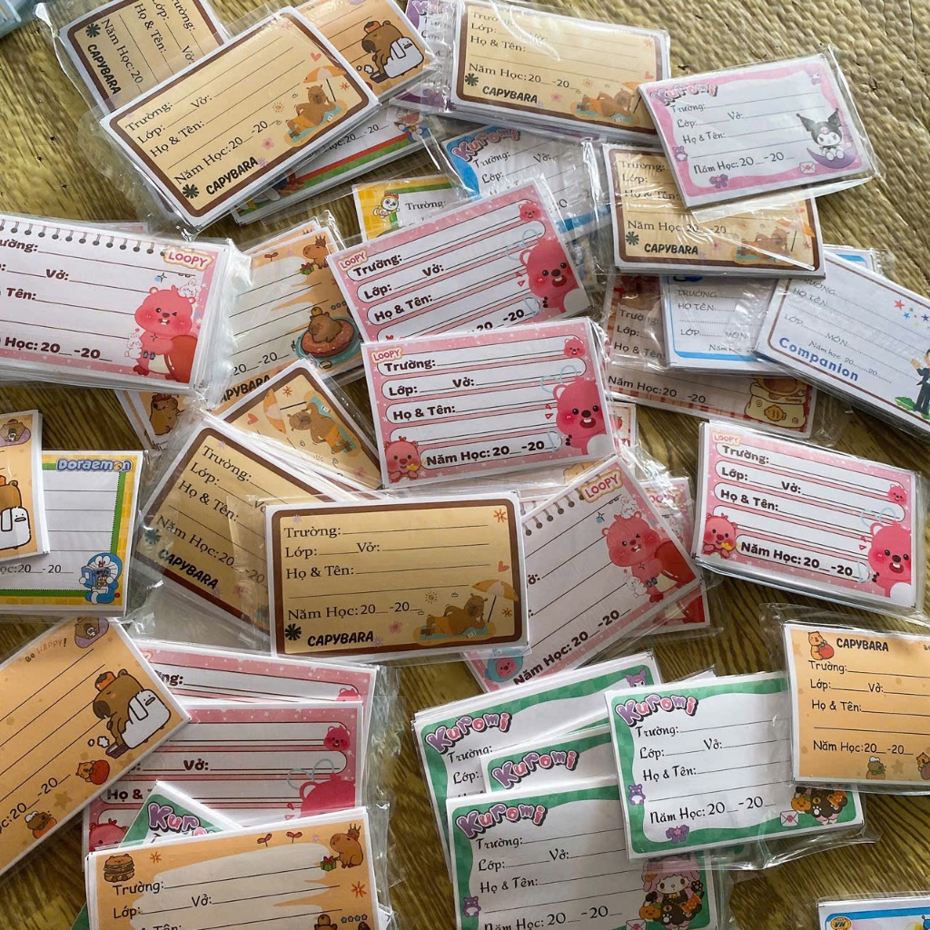 Nhãn vở decal dính sẵn, nhãn vở kuromi, capybara, loopy, doraemon ...