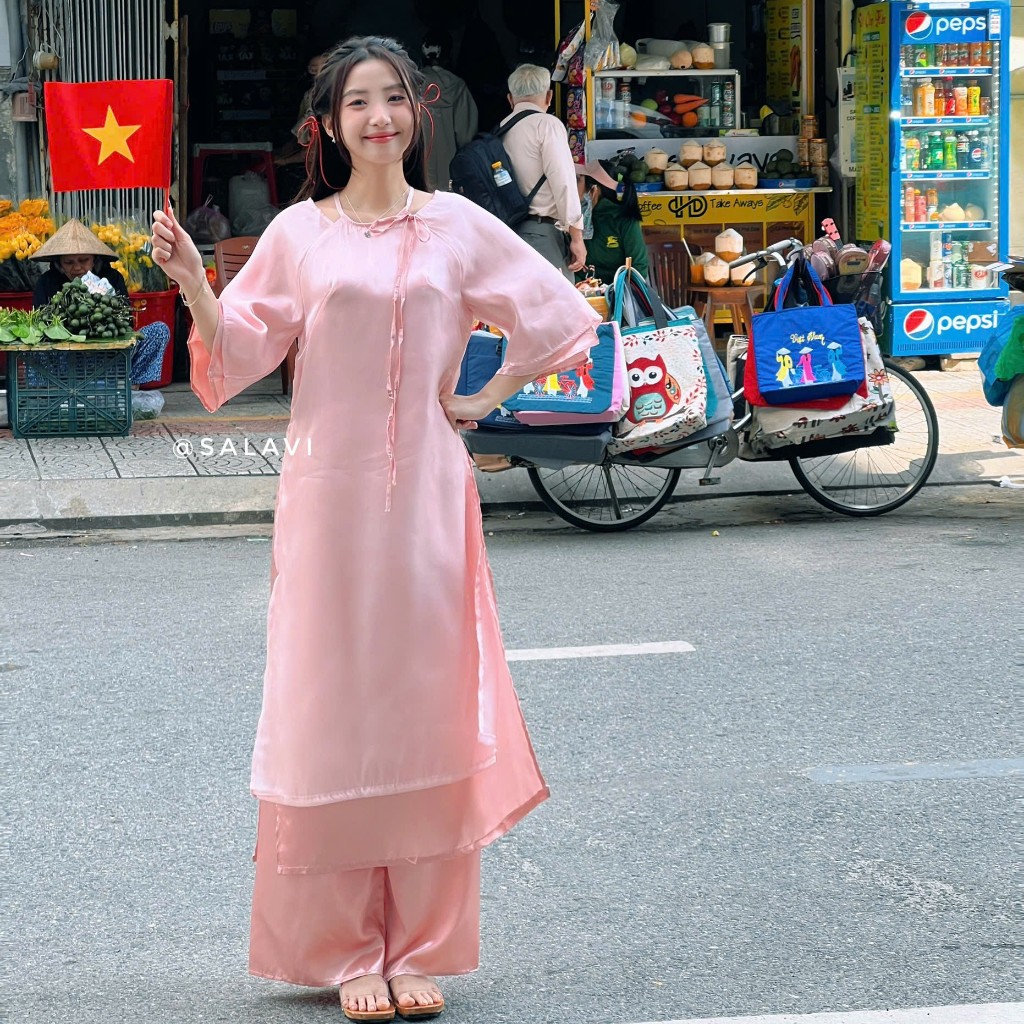 Áo dài voan tơ 2 lớp cut-out cổ, set áo dài trơn phối nơ đính ngọc ...