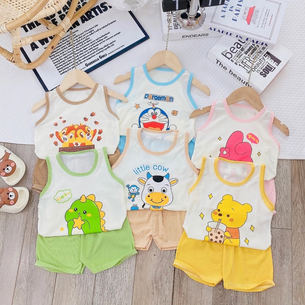 Bộ thun tăm lạnh ba lỗ quần MÀU chất tăm co giãn thấm hút mồ hôi tốt cho bé trai và bé gái từ 4 ...