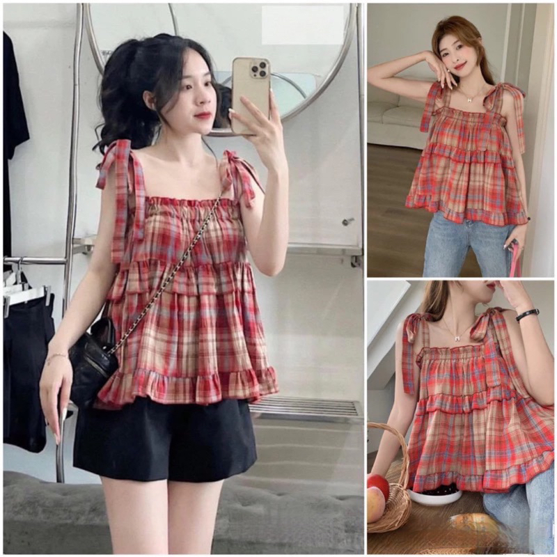 Áo kiểu nữ đẹp TRANGCLOTHINGG áo caro cột nơ vai 2 dây hot hit, áo 2 ...
