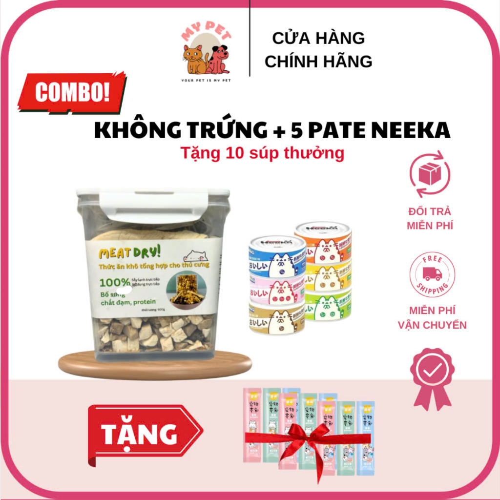 [Tặng 10 súp] Combo 1 Hộp thịt sấy KHÔNG TRỨNG + 5 LON pate NEEKA (Tặng 10 Thanh Súp Thưởng ...