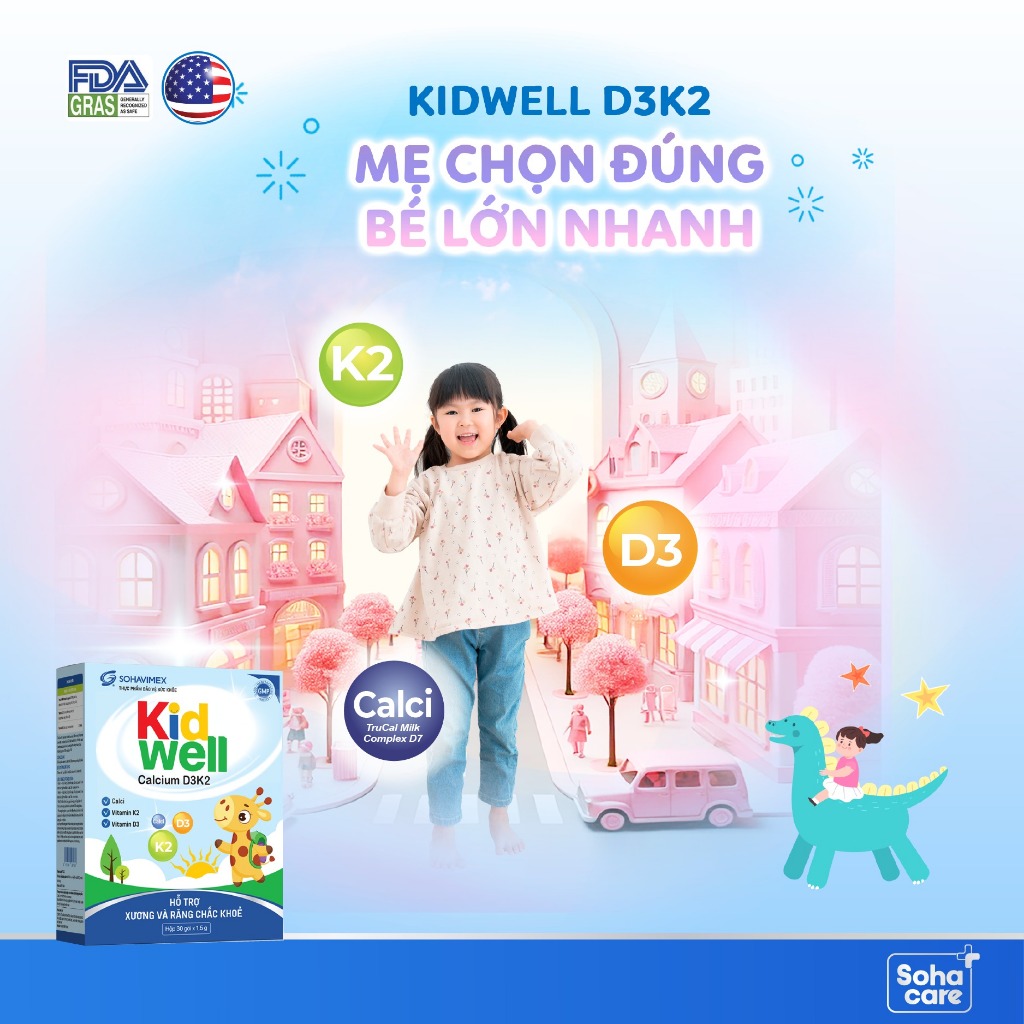 Hộp 30 Gói bột tăng chiều cao bổ sung Canxi D3 K2 KIDWELL cho bé - giúp ...