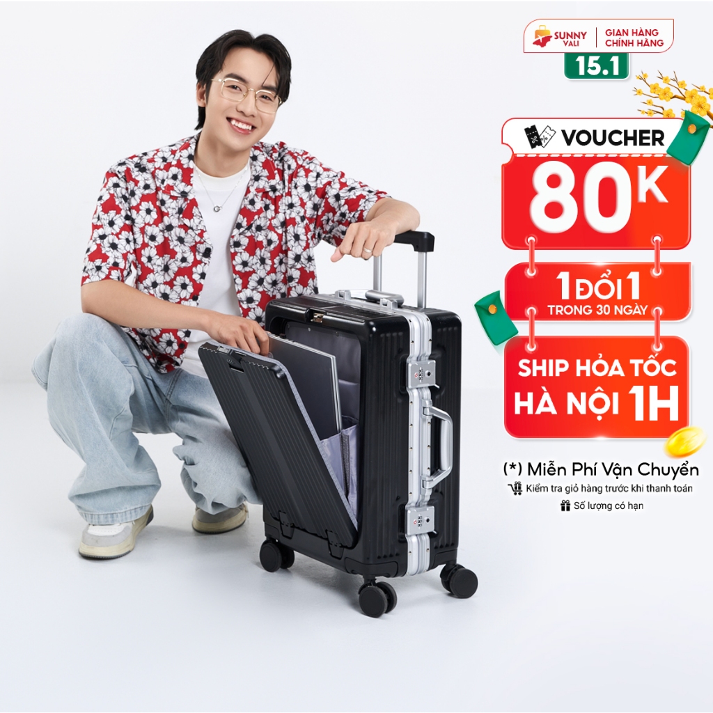 Vali khung nhôm SUNNY MONTER tích hợp khay đựng cốc, ngăn đựng laptop, móc treo đồ, vali kéo ...