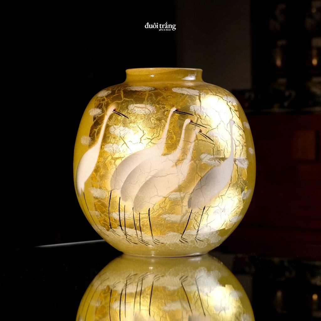 Bình hoa Kutani Kinsai Ngũ Hạc Artist Yamada Toyoshi D25cm * H24.5cm ...